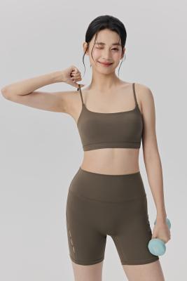 China Brown Nylon Spandex High Waisted Biker Shorts with Side Cutouts for Yoga Gym Workouts S M L XL for sale