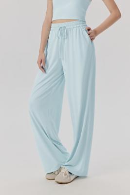 China Light Blue High Waisted Wide Leg Lounge Pants Drawstring Soft Breathable Fabric Casual Yoga Sizes S M L XL for sale