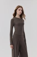 China Women's Ribbed Long Sleeve Henley Top 91% Modal 9% Spandex Slim Fit Yoga Wear Mocha Brown for sale