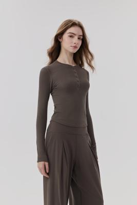 China Women's Ribbed Long Sleeve Henley Top 91% Modal 9% Spandex Slim Fit Yoga Wear Mocha Brown for sale