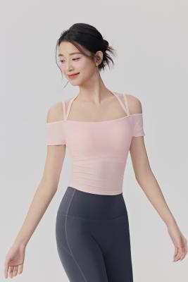 China Off Shoulder Short Sleeve Yoga Top Double Strap Design 78% Nylon 22% Spandex Light Pink for sale