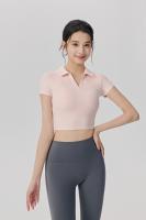 China Light Pink Cropped Polo Yoga Top V-Neck Short Sleeve 80% Nylon 20% Spandex Workout Casual Wear for sale