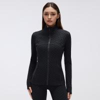 China Black Polka Dot Full Zip Workout Jacket Slim Fit High Neck Athletic Running Top for Women 75% Nylon 25% Spandex for sale