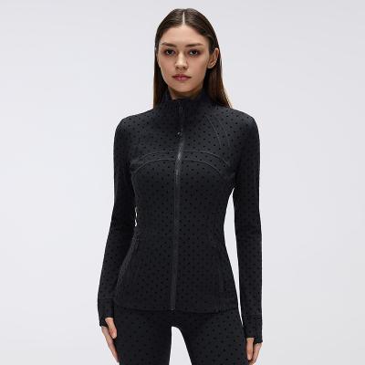 China Black Polka Dot Full Zip Workout Jacket Slim Fit High Neck Athletic Running Top for Women 75% Nylon 25% Spandex for sale