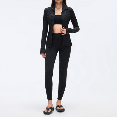 China Black Polka Dot Yoga Jacket and Leggings Set Slim Fit Full Zip Athletic Workout Outfit for Women 75% Nylon 25% Spandex for sale