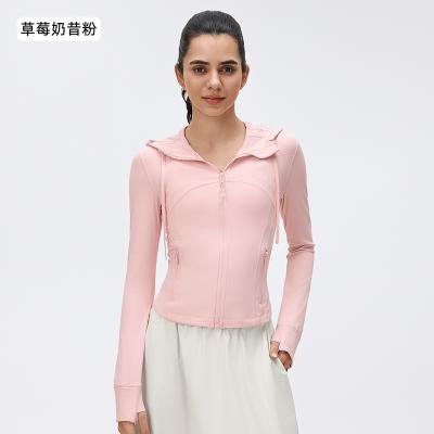 China Pink Hooded Workout Jacket Slim Fit Full Zip Lightweight Nylon Spandex Yoga Top for Women for sale