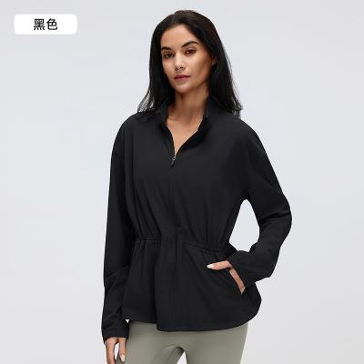 China Women's Black Lightweight Full Zip Jacket 88% Polyester 12% Spandex Cinched Waist with Pockets for Casual Athletic Wear for sale