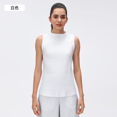 China Women's White Ribbed High Neck Sleeveless Tank Top 97% Nylon 3% Spandex for Yoga Casual Wear for sale