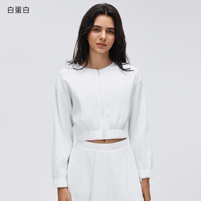 China Women's White Ribbed Cropped Zip-Up Long Sleeve Jacket 97% Nylon 3% Spandex Sizes 4-12 for sale