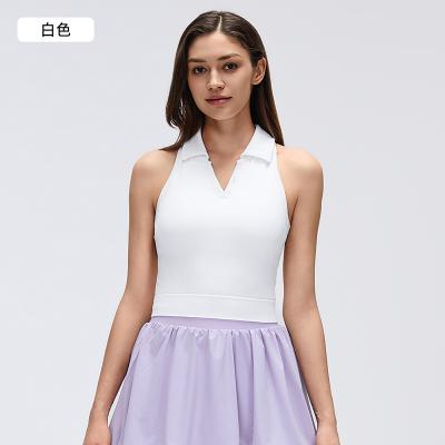 China Women's White Ribbed Halter Polo Crop Top with Built-In Bra for Tennis and Casual Wear for sale