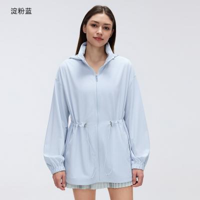 China Light Blue Drawstring Waist Hooded Jacket Full Zip 88% Polyester 12% Spandex for Outdoor Casual Wear for sale