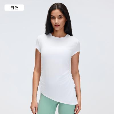 China White Ruched Side Asymmetric Hem Workout Tee 95 Rayon 5 Spandex Short Sleeve Yoga Top for sale