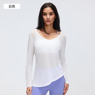 China White Sheer Long Sleeve Workout Top 100% Polyester Side Tie Detail Yoga Layering for sale