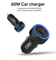 China Smart 60W Dual Port PD QC Fast Car Charger with LED Ambient Light 12-24V for sale