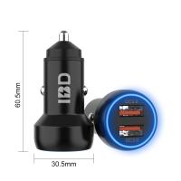 China QC3.0 Dual Port 36W USB Fast Car Charger with Blue LED Ring and Cooling Hole for sale