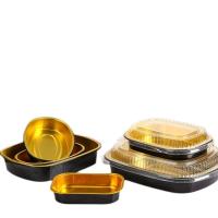 China 48oz 10x8 Inch Black Gold Luxury Dessert Aluminum Foil Tray with PET Lids for Fine Dining for sale