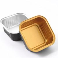 China 48oz 10x8 Inch Black Gold Luxury Dessert Aluminum Foil Tray with PET Lids for Fine Dining for sale