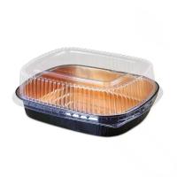 China 48oz 10x8 Inch Black Gold Luxury Dessert Aluminum Foil Tray with PET Lids for Fine Dining for sale