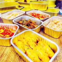 China Custom Aluminum Foil Food Container 320ml with Sealed Foil Lid and PET Lid for Takeaway for sale