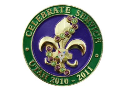 China Metal Zinc Alloy Celebrate Service Lapel Pin, Soft Enamel Pins with Rhinestone, Gold Plated for sale