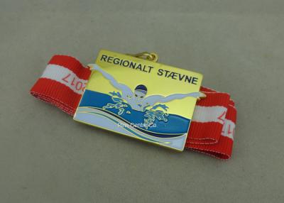 China Customized Swimming Sports Medals , Gold Plating Ribbon Medals By Brass Die Struck for sale
