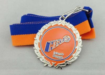 China Iron Ribbon Medals Die Stamp , Nickel Plating With Blue And Orange Ribbon for sale