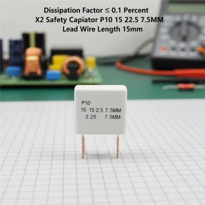 China Dissipation Factor ≤ 0.1 Percent X2 Safety Capacitor P10 15 22.5 7.5MM Lead Wire Length 15mm Electrical Component for Industrial Applications for sale