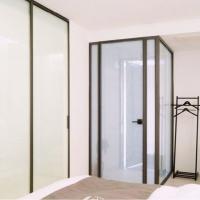 China Double Tempered Glass Swing Security  Black Graphic Interior Aluminum Casement Door For Bathroom for sale