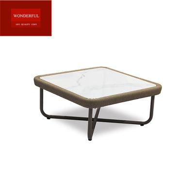 China Tempered Glass Aluminum Frame Outdoor Coffee Tea Table with Stone Effect and Rope for sale