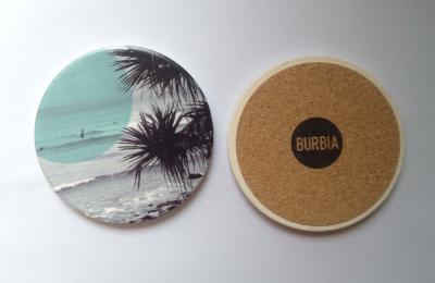 China Round ceramic coaster with cork backing and UV printed/ silkscreen logo for sale