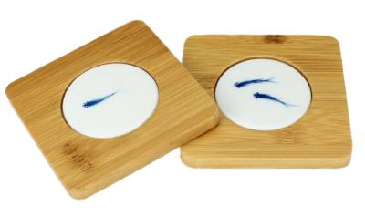China Square Ceramic Coaster with Bamboo Base Customizable Design 4x4 Inch for sale