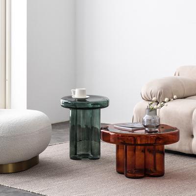 China AMS 01 Tempered Glass Top Coffee Table Round High And Low Combined Glass Coffee Table for sale