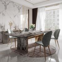 China Smooth Surface Rock Board Dining Table ODM Grey Metal Base Grey Marble for sale