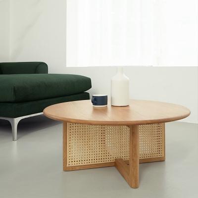 China Creative Round Rattan Wooden Tea Table 20mm Thick White Oak for sale