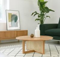 China Creative Round Rattan Wooden Tea Table 20mm Thick White Oak for sale