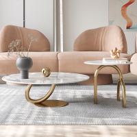 China Round 11mm Marble Topped Pedestal Coffee Table Set With Gold Base for sale