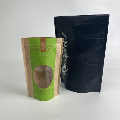 China Custom Printed Matt Finish Kraft Paper Bags Food Grade Stand Up Zipper Bags for Snack Packaging with Window for sale