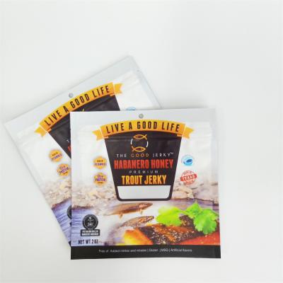 China Custom Logo Food Grade Mylar 3 Side Seal Food Bag Metalized Zipper Bag With Round Hole For Jerky for sale
