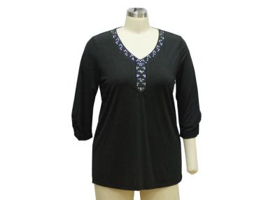 China V Neck Ladies Casual T Shirts Three Quarter Sleeve Tops Bling Neckties Decoration for sale