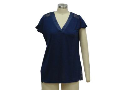 China Navy Blue V Neck Short Sleeve T Shirt  , Plus Size Womens Dressy T Shirts Lace Shoulder for sale