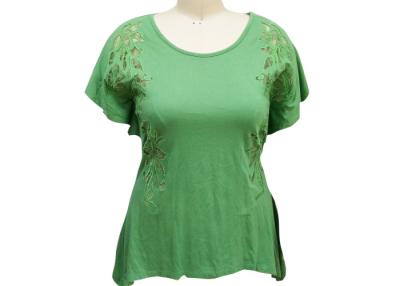 China Ladies Short Sleeve T Shirts , Womens Green Shirt Blouse Hollow Embroidery Lace Inside for sale