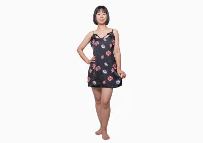 China Sexy Silky Women'S Satin Sleepwear Mysterious Flowers Printing With Nice Lace for sale