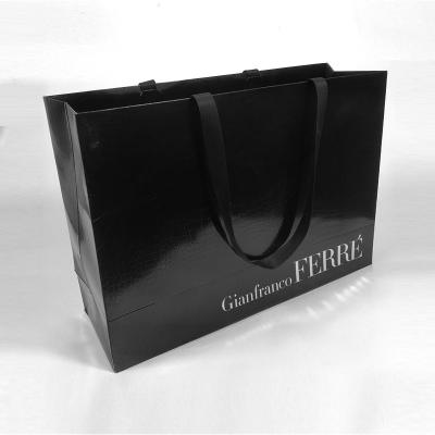 China Hand Length Handle Custom Logo Printed Luxury Black Shoes Clothes Packaging Paper Bag for sale