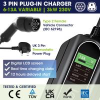 China Type 2 Portable EV Charger 6A - 13A Variable 3kW 5 Metre UK 3 Pin Plug for sale