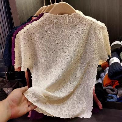 China Hot pressed diamond pleated short sleeved T-shirt, summer new style, fashionable stand up collar, versatile pleated top for sale