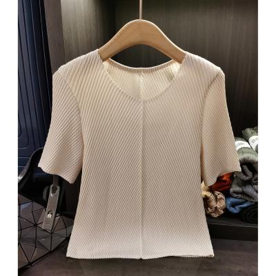 China High-End Women's Elegant Dragon Scale Pleated T-Shirt Solid Color Short Sleeve Summer New Versatile Knitted Anti-Pilling for sale