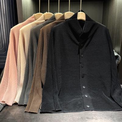 China Autumn New Elegant Pleated Solid Color Long-Sleeve Lapel Single-Breasted Cardigan Vintage Style Slimming Top for Plain Dyed for sale
