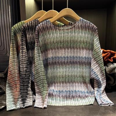 China Niche Design Stylish Casual Loose Slimming T-Shirt High-End Striped Tie-Dye Printed Batwing Sleeve Neck Top Polyester Knitted for sale