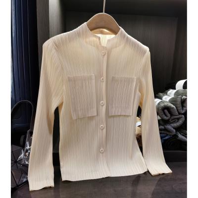 China Women's Trendy Pleated Long Sleeve Pocket Shirt Youthful Style Solid Color Autumn Plus Size Slimming Stand Collar Versatile for for sale