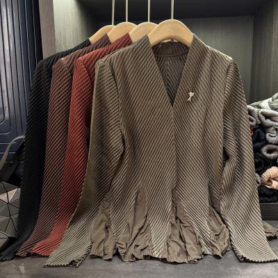 China High-end Dragon Scale Pleated V-neck Solid Color Breathable Long Women Autumn Casual Elegant Loose Butterfly Sleeve Polyester for sale